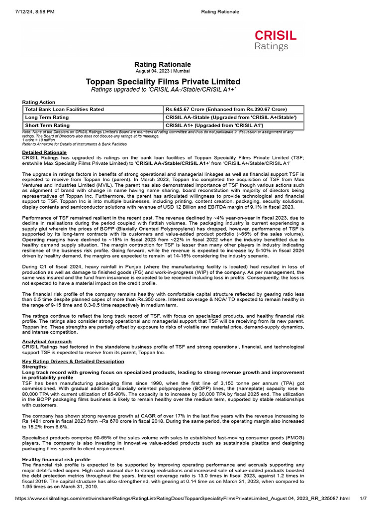 Toppan Speciality Films Privat - CRISIL - Rating Rationale | PDF ...