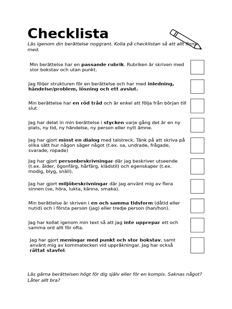Checklista Berättande Texter Svenska Åk 6 | PDF