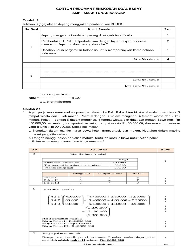 Contoh Pedoman Penskoran Soal Essay - SMP - SMAK | PDF