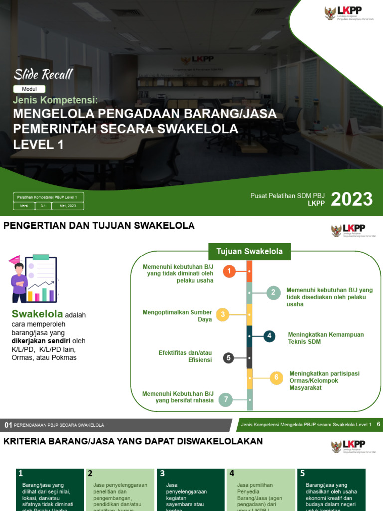 Slide Recall Modul Mengelola PBJP Secara Swakelola Level 1 V3.1 - Organized | PDF