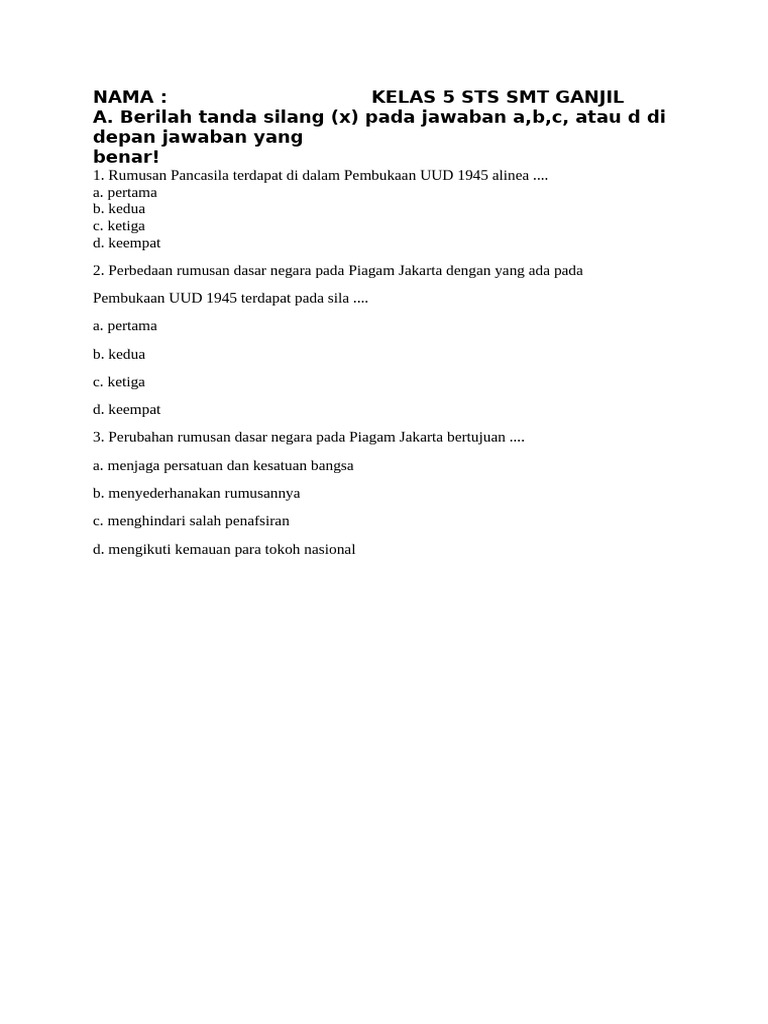 STS 1 PKN Kelas 5 | PDF