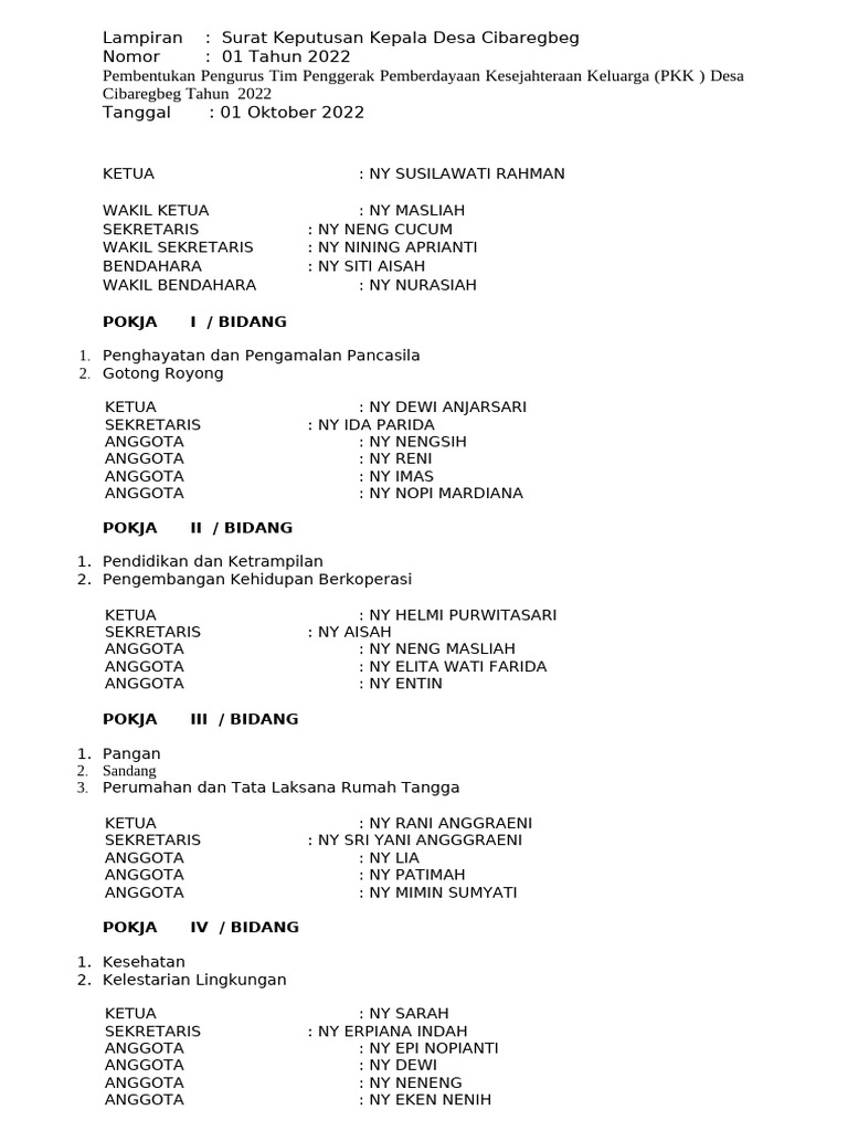 SK & Lampiran SK PKK CIBAREGBEG 2022 | PDF | Indonesia