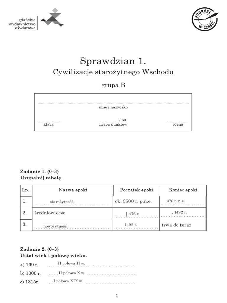 Klasa 5 Sprawdzian 1 B Test PDF | PDF