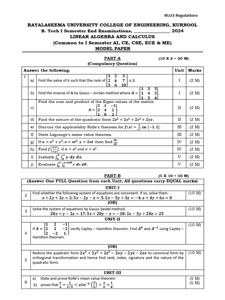 Linear Algebra and Calculus (23ash9905) Model Paper | PDF
