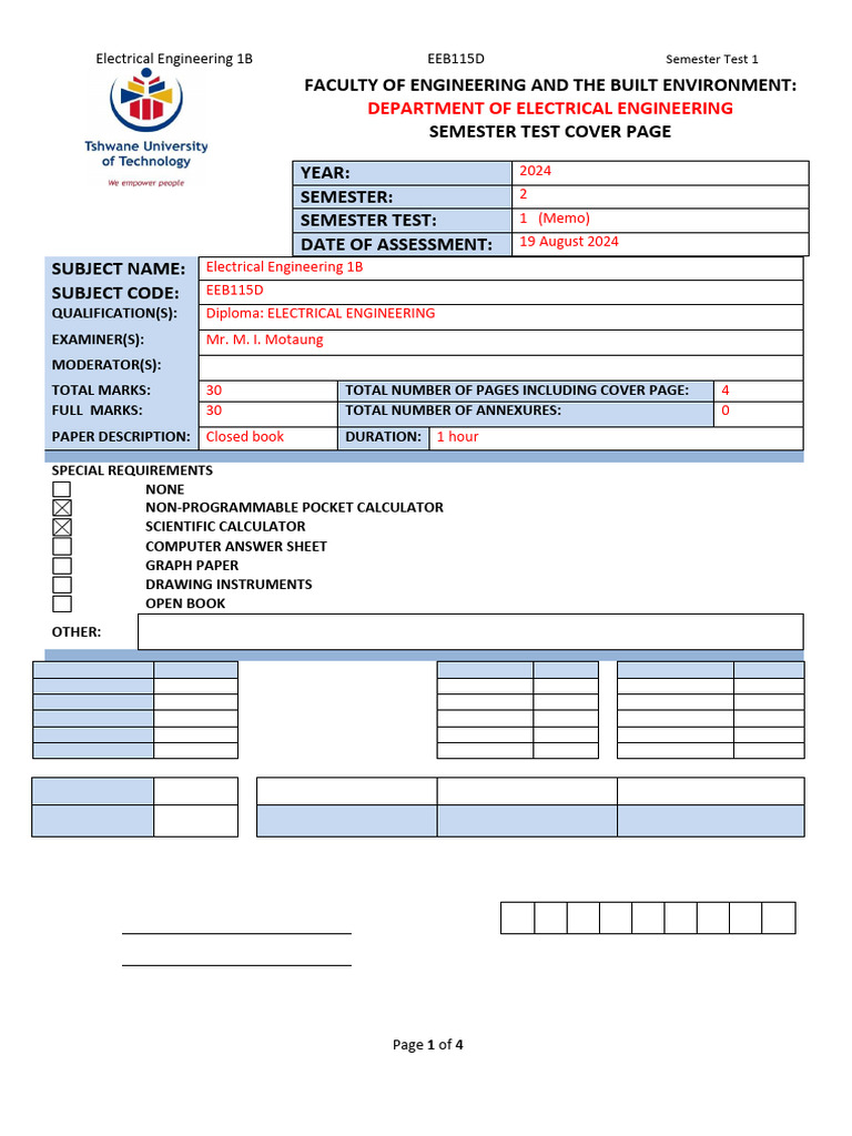 2024 EEB115D Class Test Memo | PDF