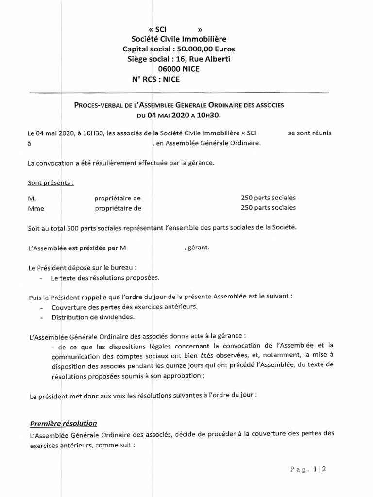 SMARIN - Modèle de Procès-Verbal - AGO Distribution de Di - REF 1665998542CwVvtpH6Tb | PDF