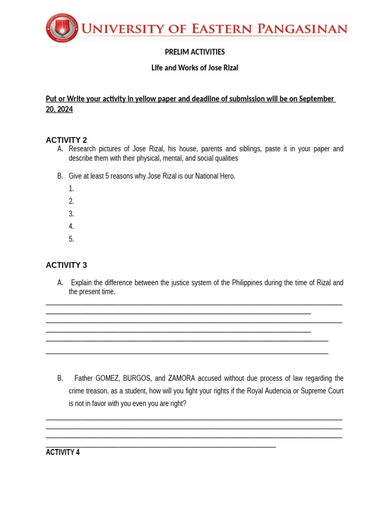 Prelim Activities Life and Works of Jose Rizal: Activity 2 | PDF