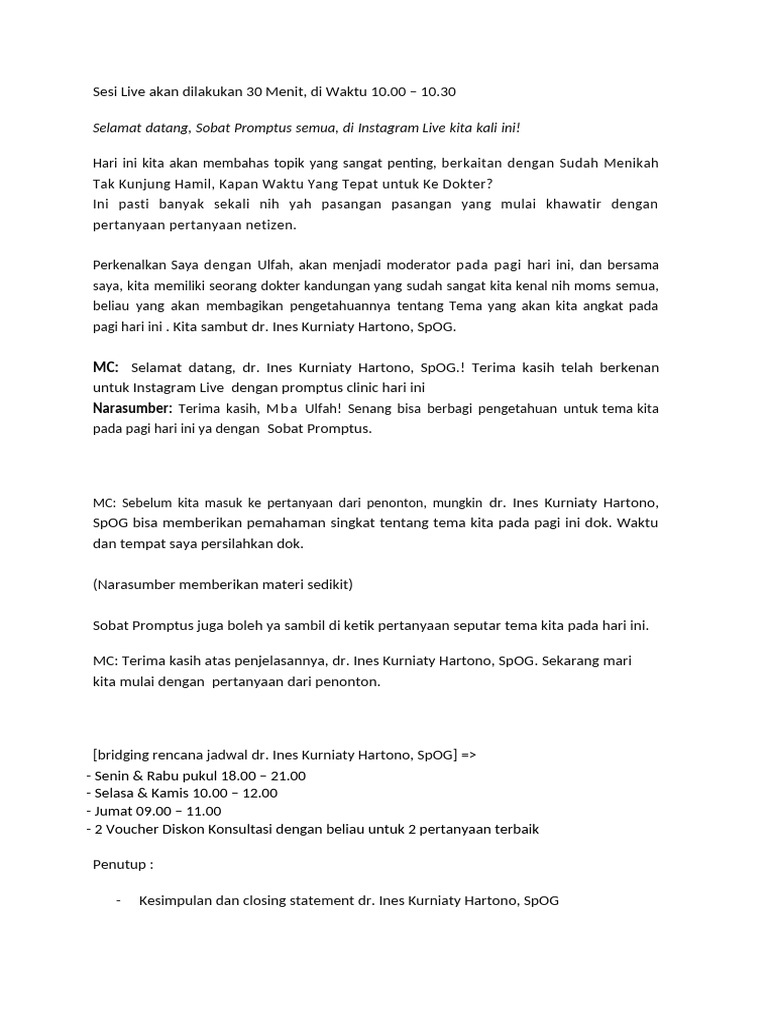 Script Live Instagram Sudah Menikah Tak Kunjung Hamil, Kapan Waktu Yang Tepat Untuk Ke Dokter | PDF