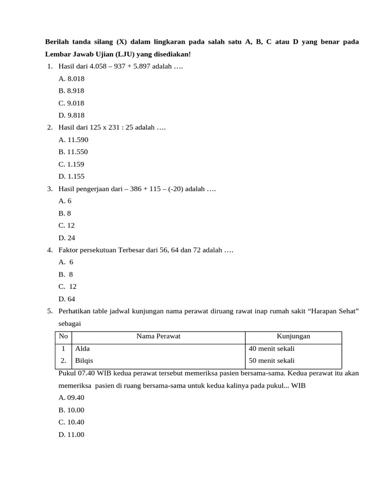 Berilah Tanda Silang (X) Dalam Lingkaran Pada Salah Satu A, B, C Atau D Yang Benar Pada Lembar ...