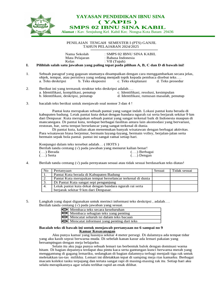 Soal B.indo PTS 1 Kelas 7 | PDF