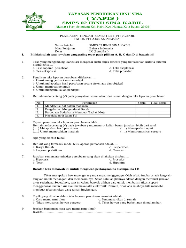 Soal B.indo PTS 1 Kelas 9 | PDF