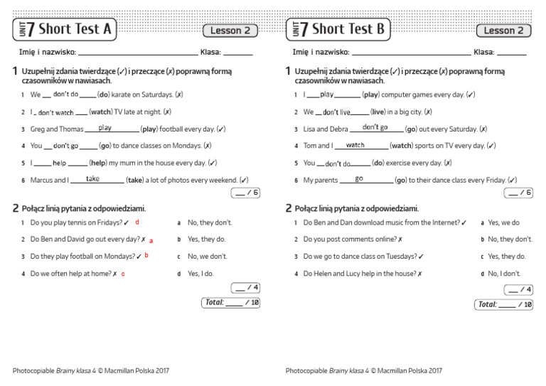 Brainy kl4 Short Tests Unit 7 Lesson 2 | PDF