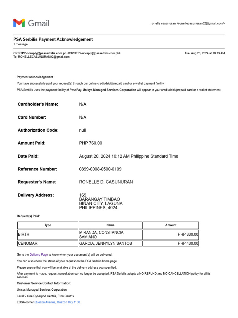 Gmail - PSA Serbilis Payment Acknowledgement | PDF