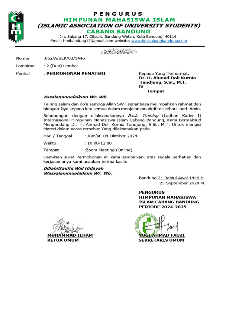 A62-Permohonan Pemateri Sejarah Perjuangan HMI | PDF | Karier & Perkembangan