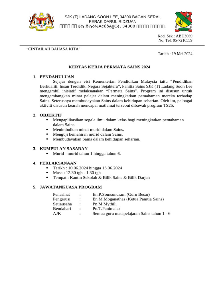 Kertas Kerja Permata Sains SJKTLSL 2024 | PDF