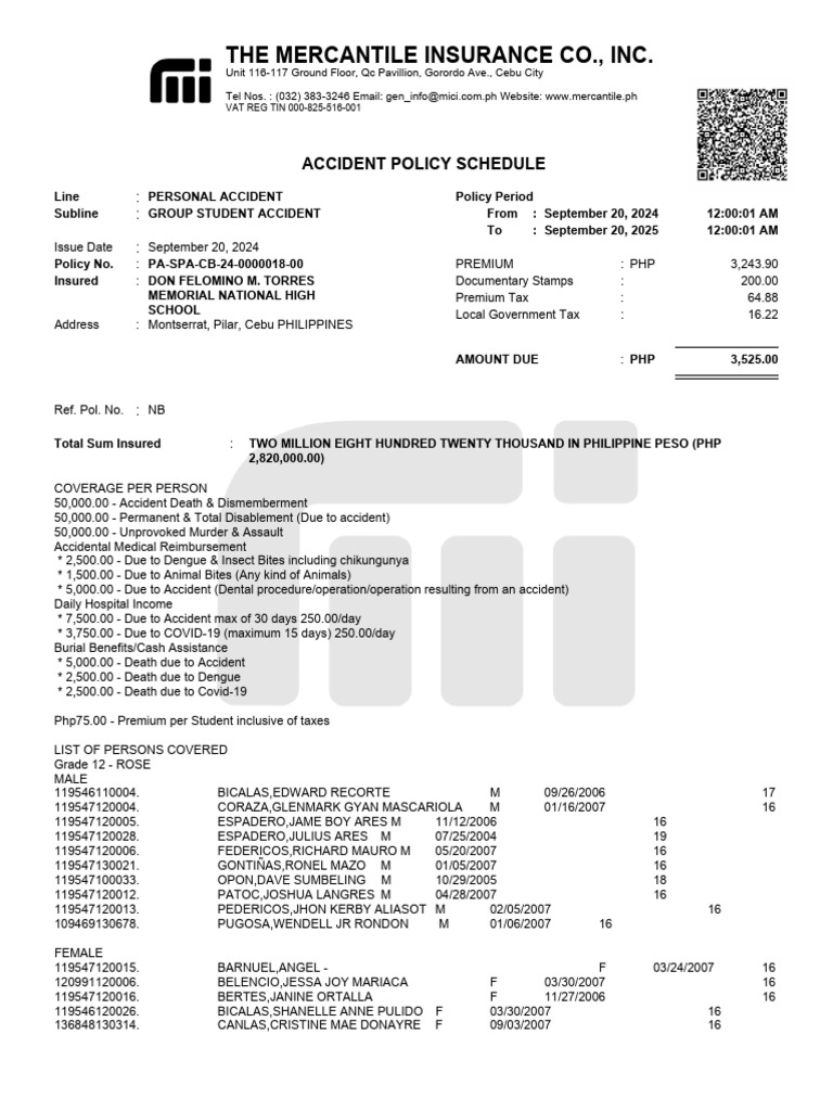 SHS-INSURANCE DFMTMNHS Policy sample | PDF