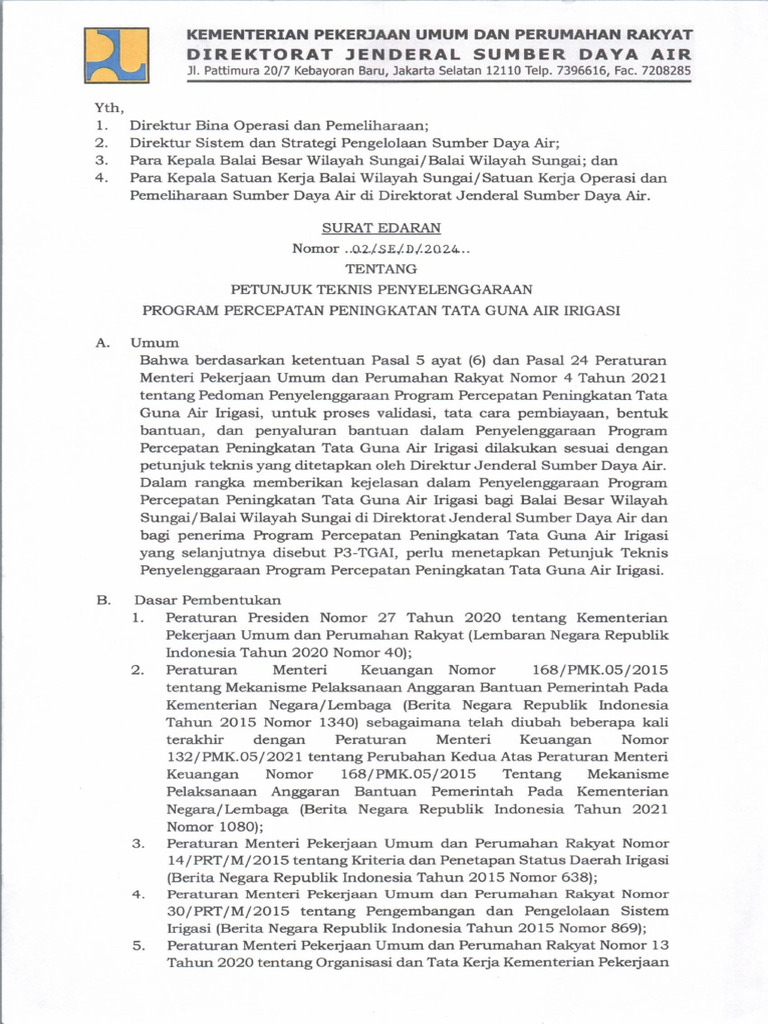 SE Dirjen SDA No 02 Tahun 2024 TTG Juknis P3-TGAI A | PDF