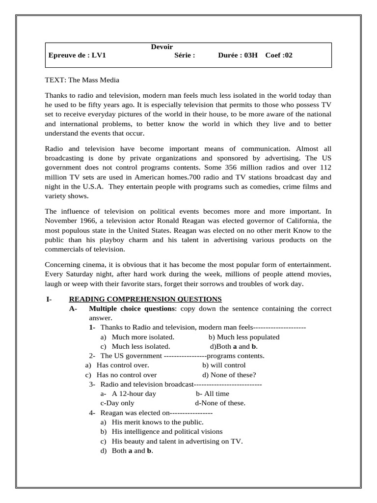 Devoir Epreuve De: Lv1 Série: Durée: 03H Coef:02 | PDF