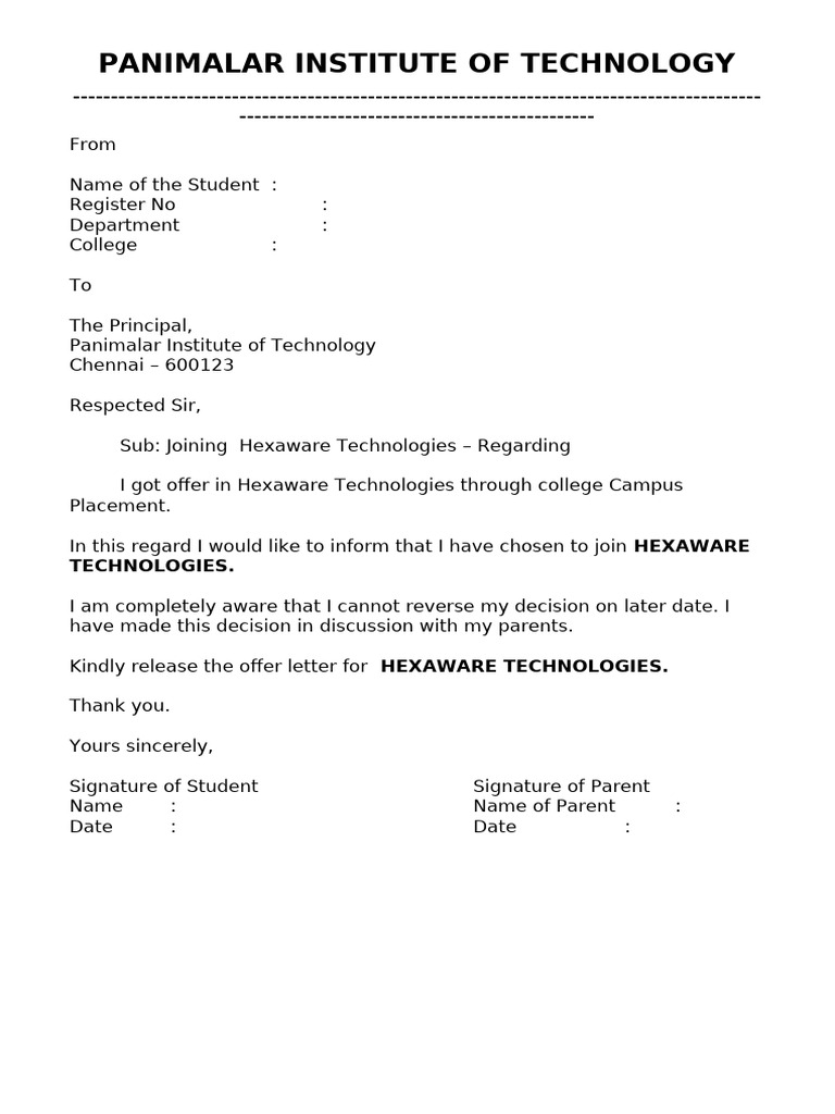 Company selection letter - Hexaware - PIT | PDF