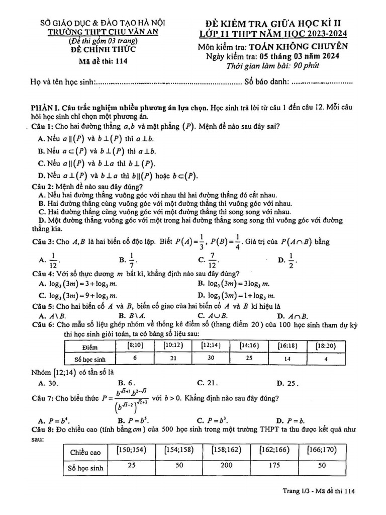 De Giua Hoc Ki 2 Toan 11 Nam 2023 2024 Truong THPT Chu Van An Ha Noi | PDF