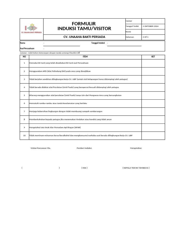 Form Induksi Visitor Cv. Ubp | PDF