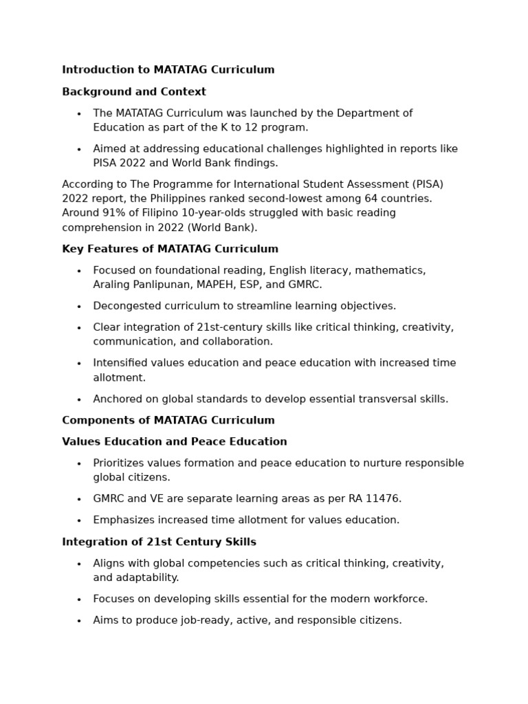 Introduction To MATATAG Curriculum | PDF