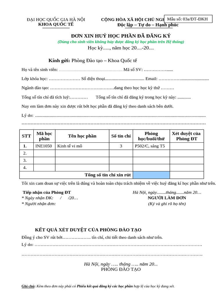 03a DT DKH Don Huy Dang Ki Hoc Phan | PDF