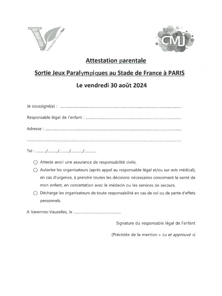 Attestation Parentale Du 30 Août 2024 | PDF