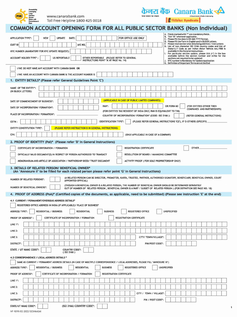 Canara Bank Account Opening Form | PDF