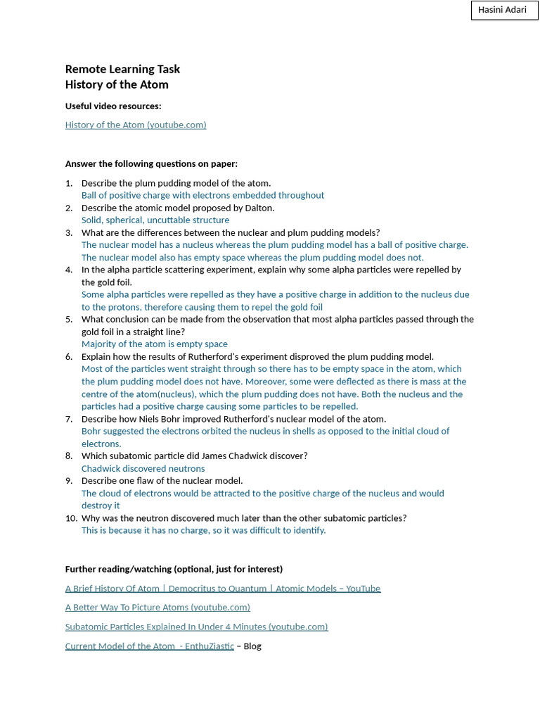 History of The Atom Remote Learning Task | PDF