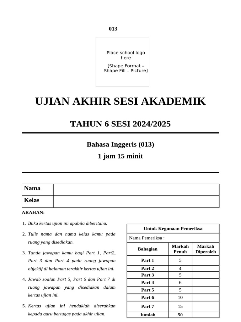 UASA Template SR Year 6 2024 (QP) | PDF