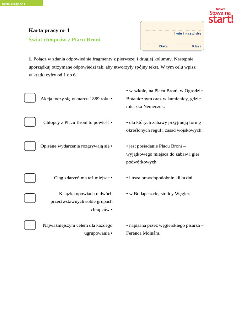 Chlopcy Z Placu Broni Lektura Obowiazkowa Karta Pracy 1 | PDF