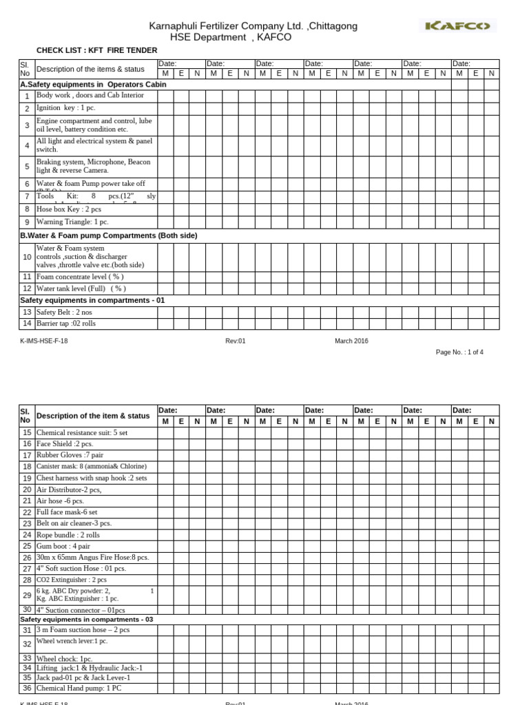 18 Check List Fire Tender KFT, K-IMS-HSE-F-18 | PDF