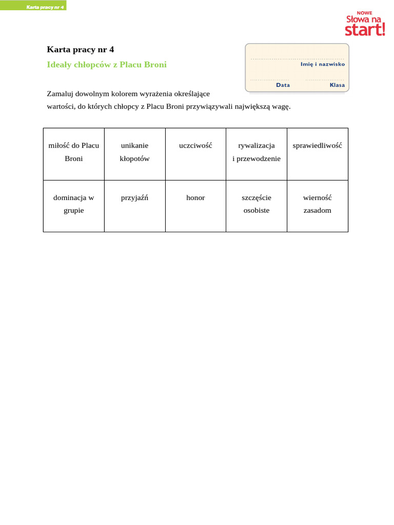 Chlopcy Z Placu Broni Lektura Obowiazkowa Karta Pracy 4 | PDF