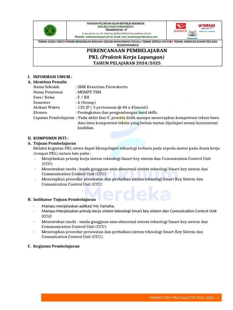 Perencanaan Pembelajaran KST Tp7 PKL TSM 2024 2025 | PDF