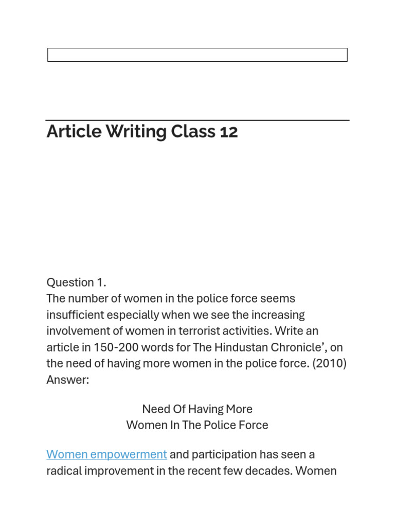 Article Writing Class 12: 200 Words For The Hindustan Chronicle', On | PDF