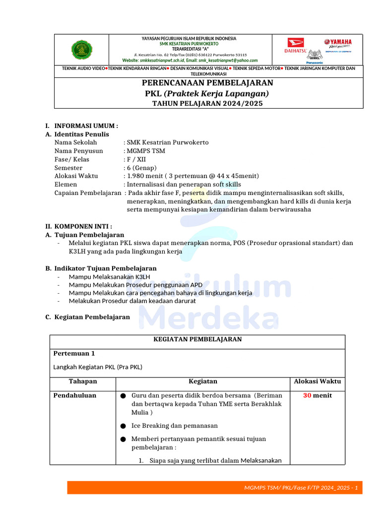 Perencanaan Pembelajaran KST Tp5 PKL TSM 2024 2025 | PDF