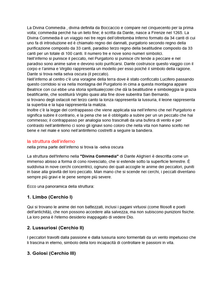 Divina Commedia Inferno Struttura | PDF
