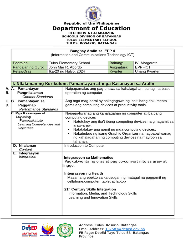 EPP-ICT-MATATAG Lesson Plan LC#1 | PDF | Computer Science | Mobile ...