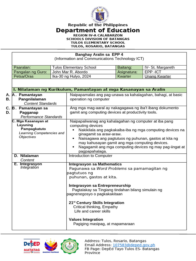 EPP-ICT-MATATAG Lesson Plan LC N1 Day 2 | PDF | Consumer Electronics ...