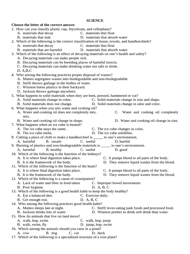 Pre Test - Science 4 | PDF