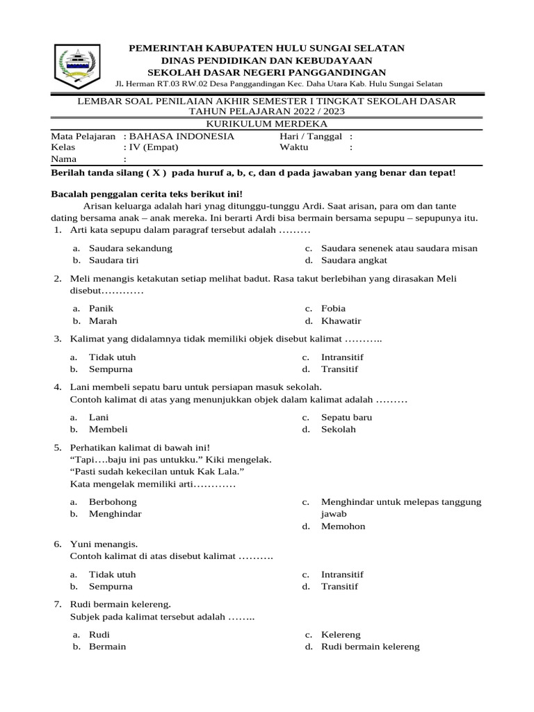 SOAL PAS B. INDONESIA kelas IV Revisi | PDF