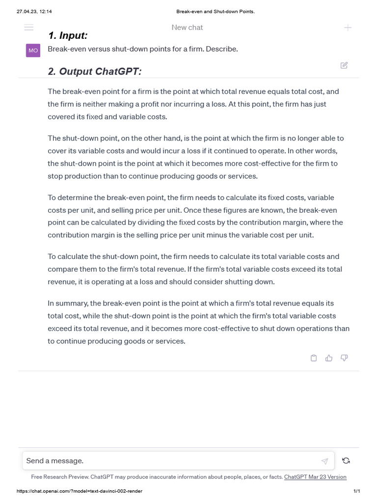 Ai Break Even Versus Shut Down Point | PDF