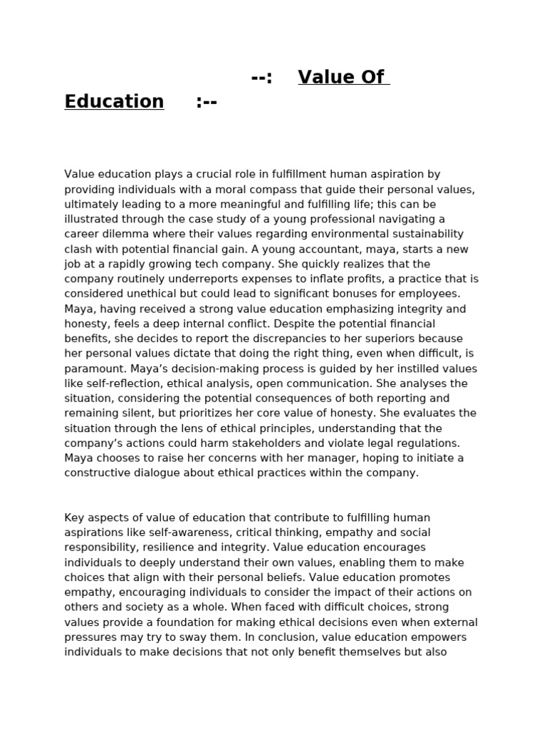 Value Education Plays a Crucial Role in Fulfillment Human As | PDF