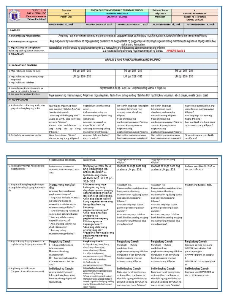 DLL in AP 4 Week 1 Quarter 4 The K To 12 Way | PDF