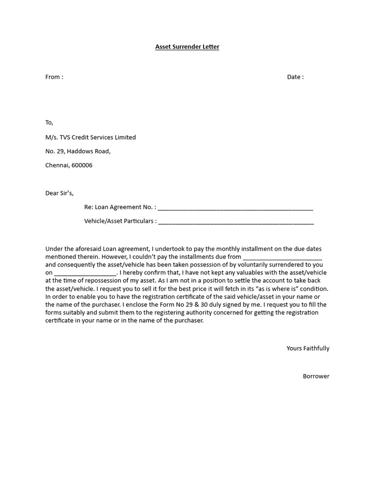 Asset Surrender Letter | PDF