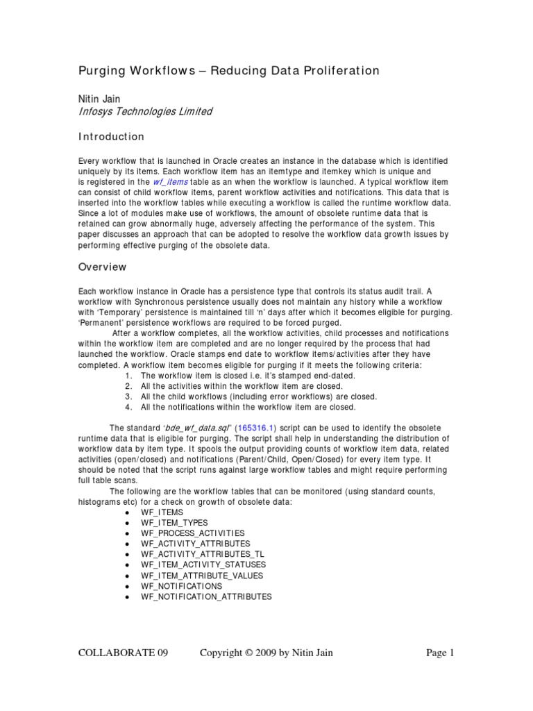 Purging Workflow Data | PDF | Sql | Oracle Database Purging Workflow Data | PDF | Sql | Oracle Database