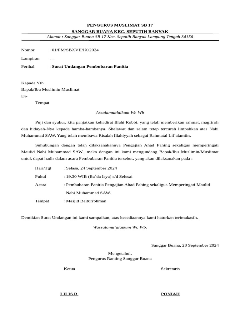 SURAT MUSYAWARAH PENGURUS MUSLIMAT SB 17 | PDF