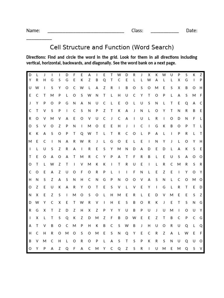 Grade 7 Cell Structure and Function (Word Search) | PDF