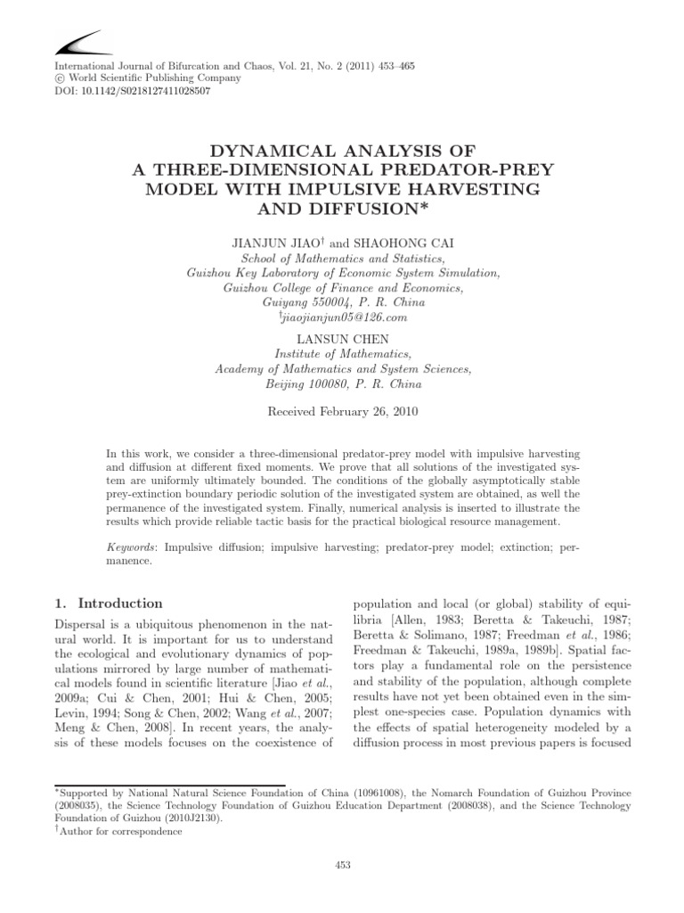 Dynamical Analysis of A Three Dimentional Predator-Prey Model With Impulsive Harvesting and ...